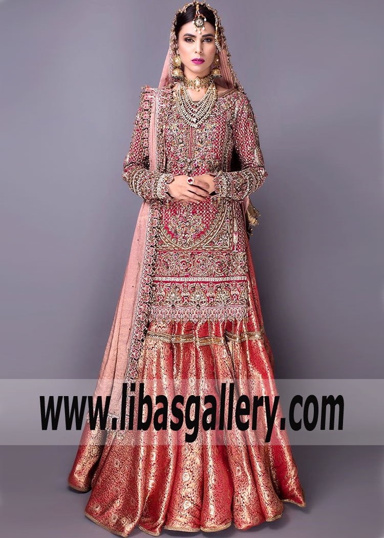 Fahad Hussayn Bridal Dress | Carmine Pink | Banarasi Jamawar Gharara ...