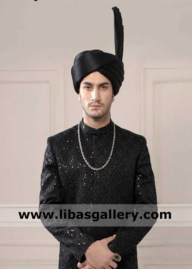 black wedding turban for groom nikah barat day punjabi style kulla with tower fan pretied order ...