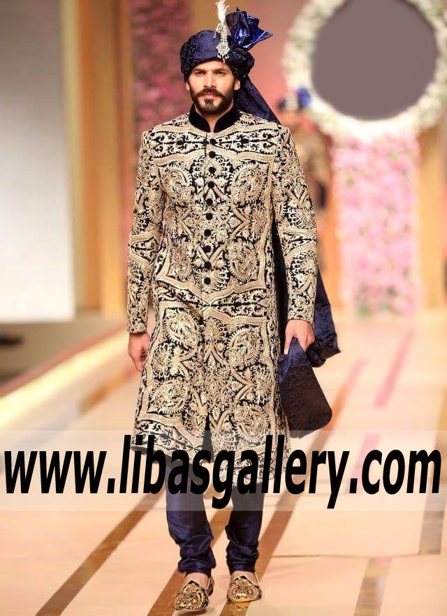 nikah barat blue gold hand embellished wedding Sherwani for groom shop ...