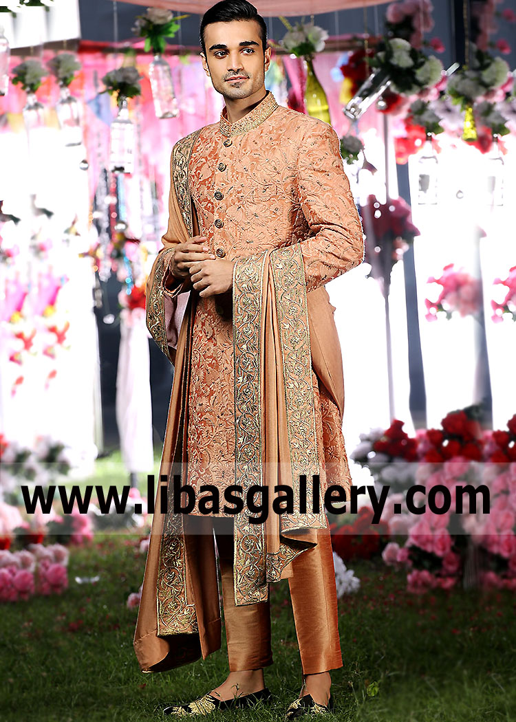Sachal Afzal in Heavy Embroidered Terracotta Peach Sherwani with gold ...