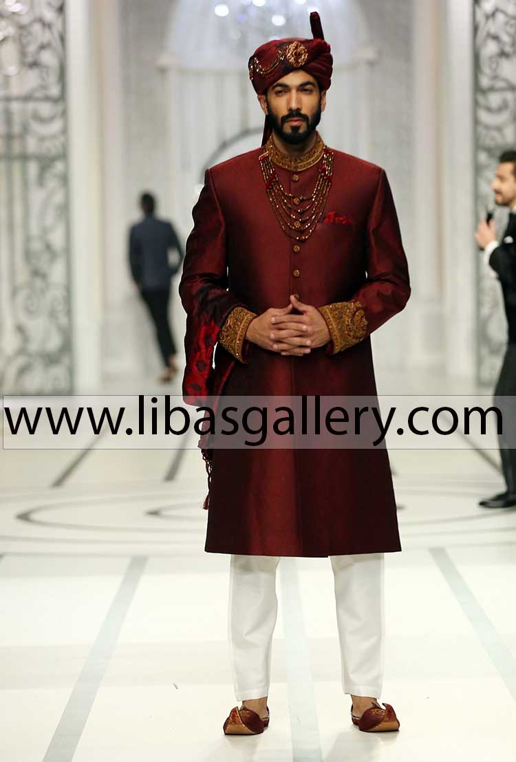 Maroon Traditional Groom Bandhgala Embellished Wedding Sherwani Buy
