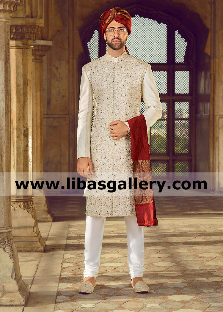Latest flower leaf patel jaal Embroidered sherwani and Red Safa Turban ...