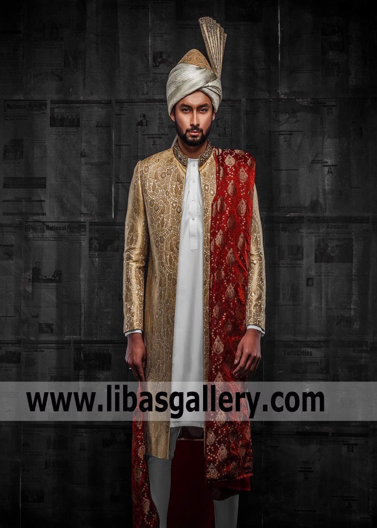 gold atlas jamawar banarsi button less front open wedding sherwani for ...