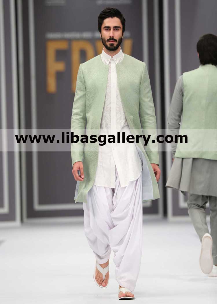 Buttonless Collarless Green Gents Sherwani Suit Nabeel zuberi model ...
