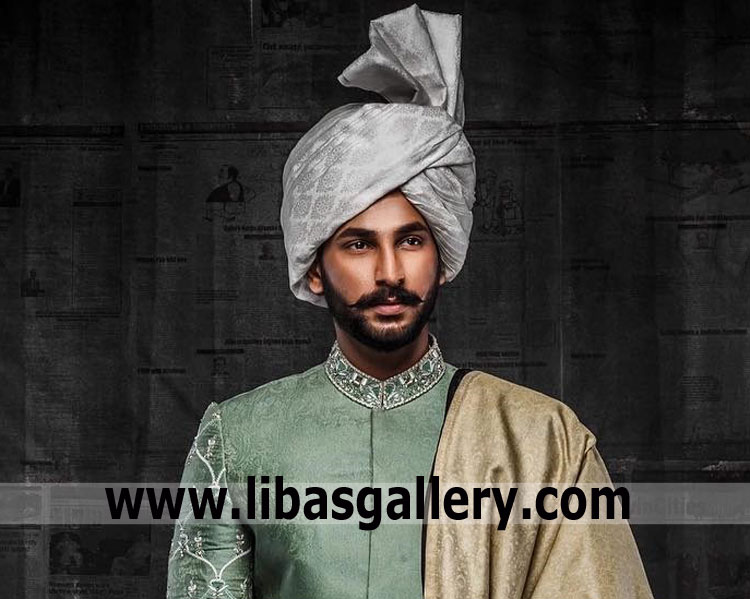 beautiful style jamawar silver pretied turban for nikah barat day groom ...